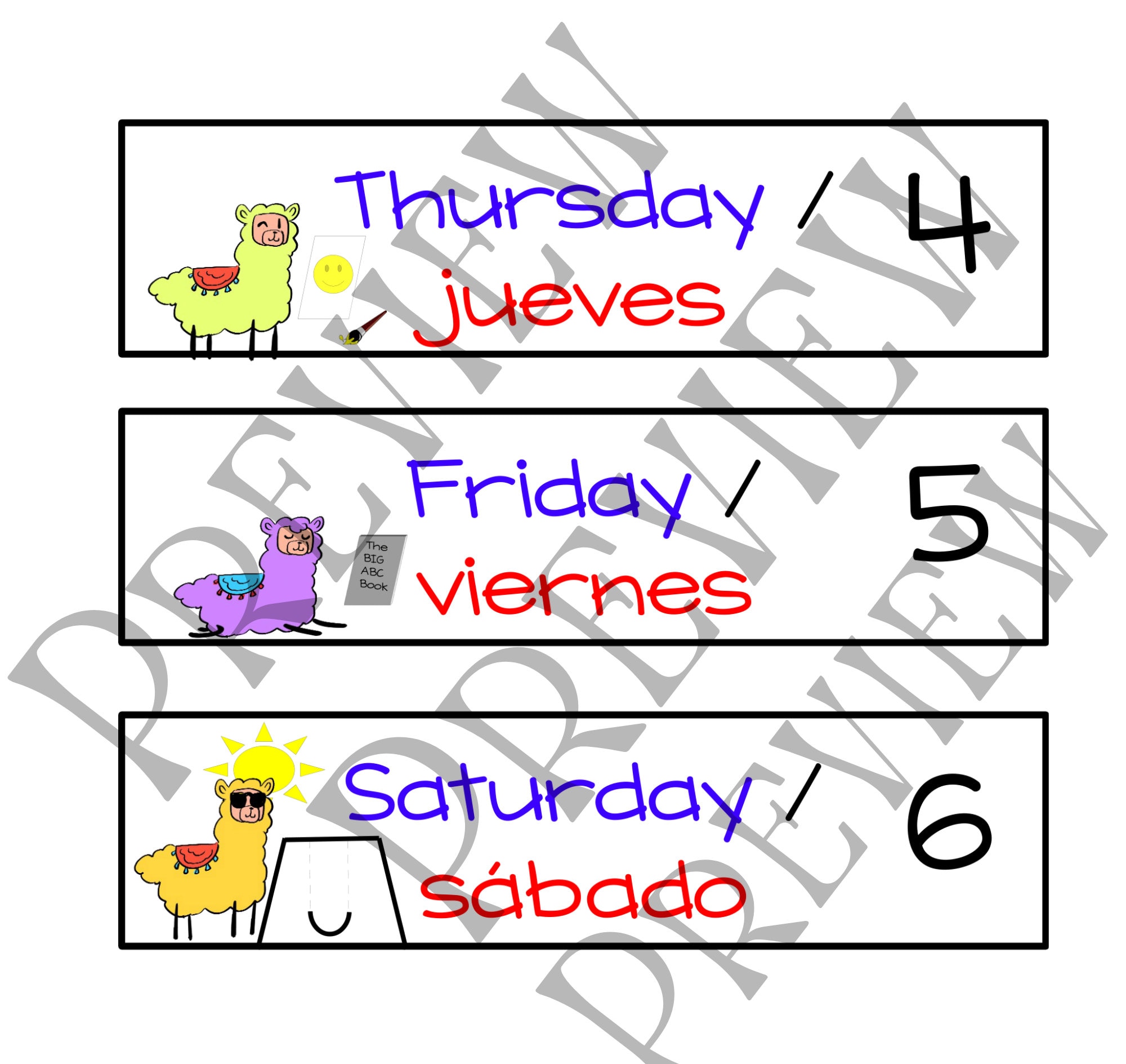 Days of the Week Labels Llamas (bilingual) - Etsy