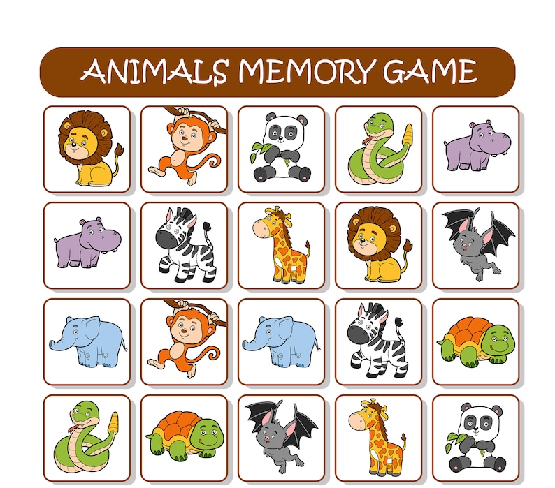 Memory Game Flash Card Bundle for Kids, Animals Drawing Worksheets ...