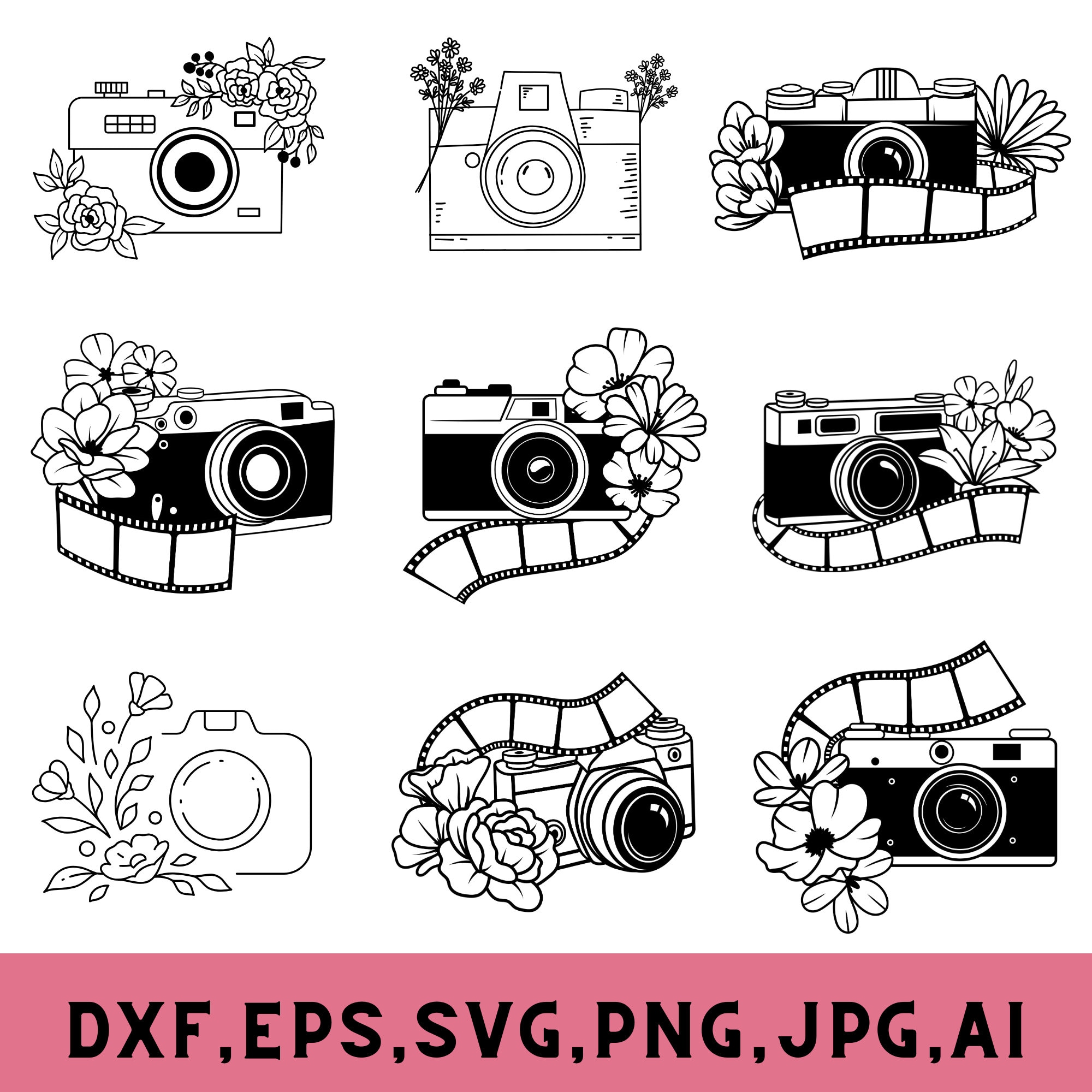 Floral Camera Svg Bundle, Camera Png, Camera Clipart Svg, Camera Svg ...