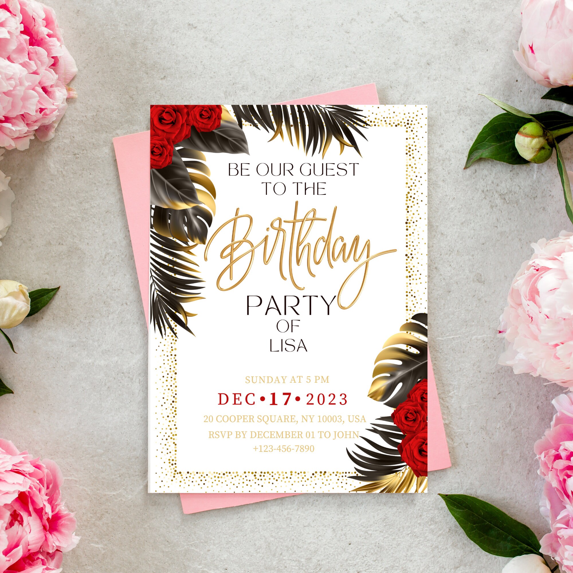 Red Rose Birthday Invitation Card Floral Birthday Invitation - Etsy