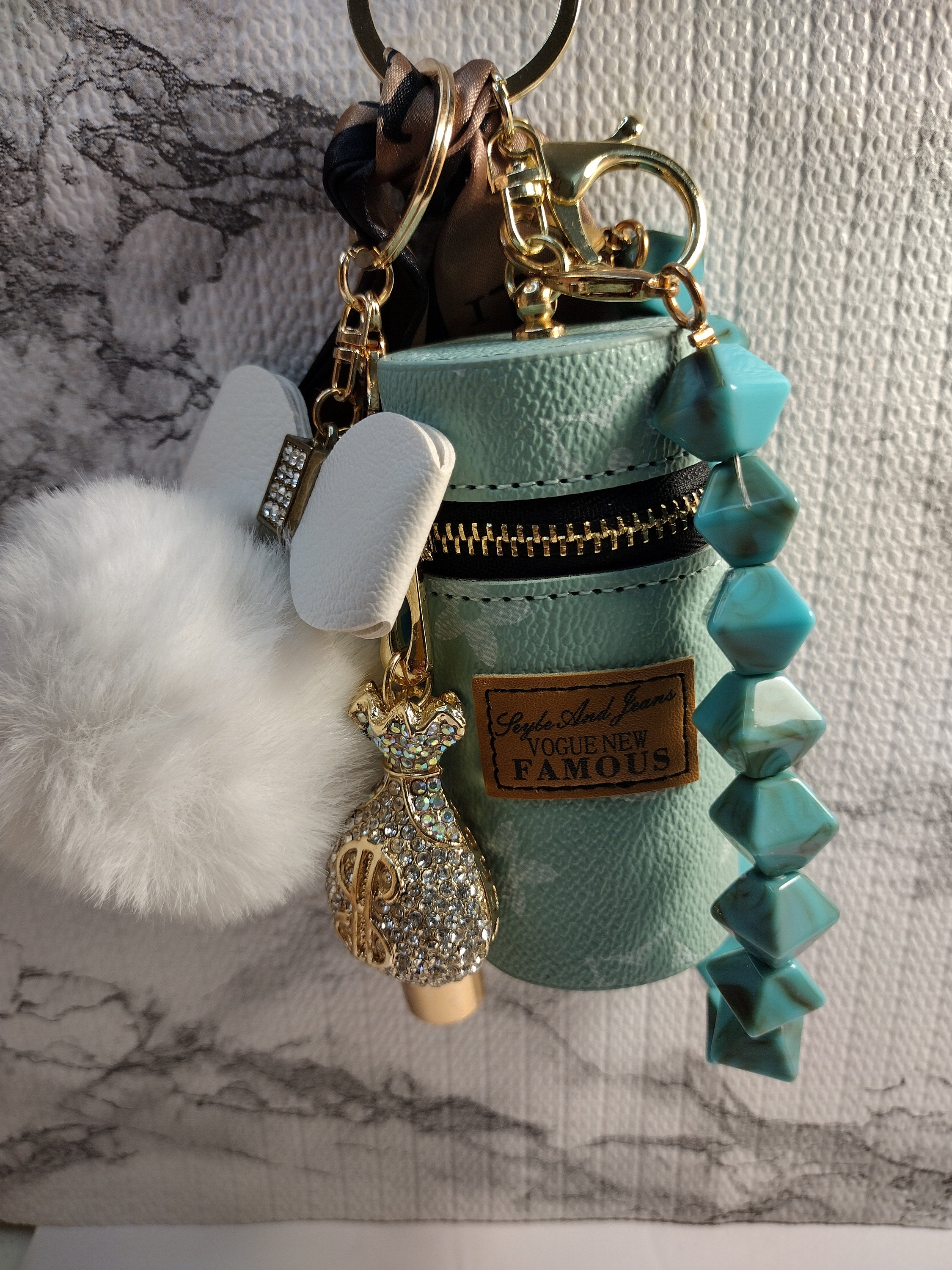 New LUXURY Faux Leather Bucket Lipstick Holder Keychain MONEY BAG Charm ...