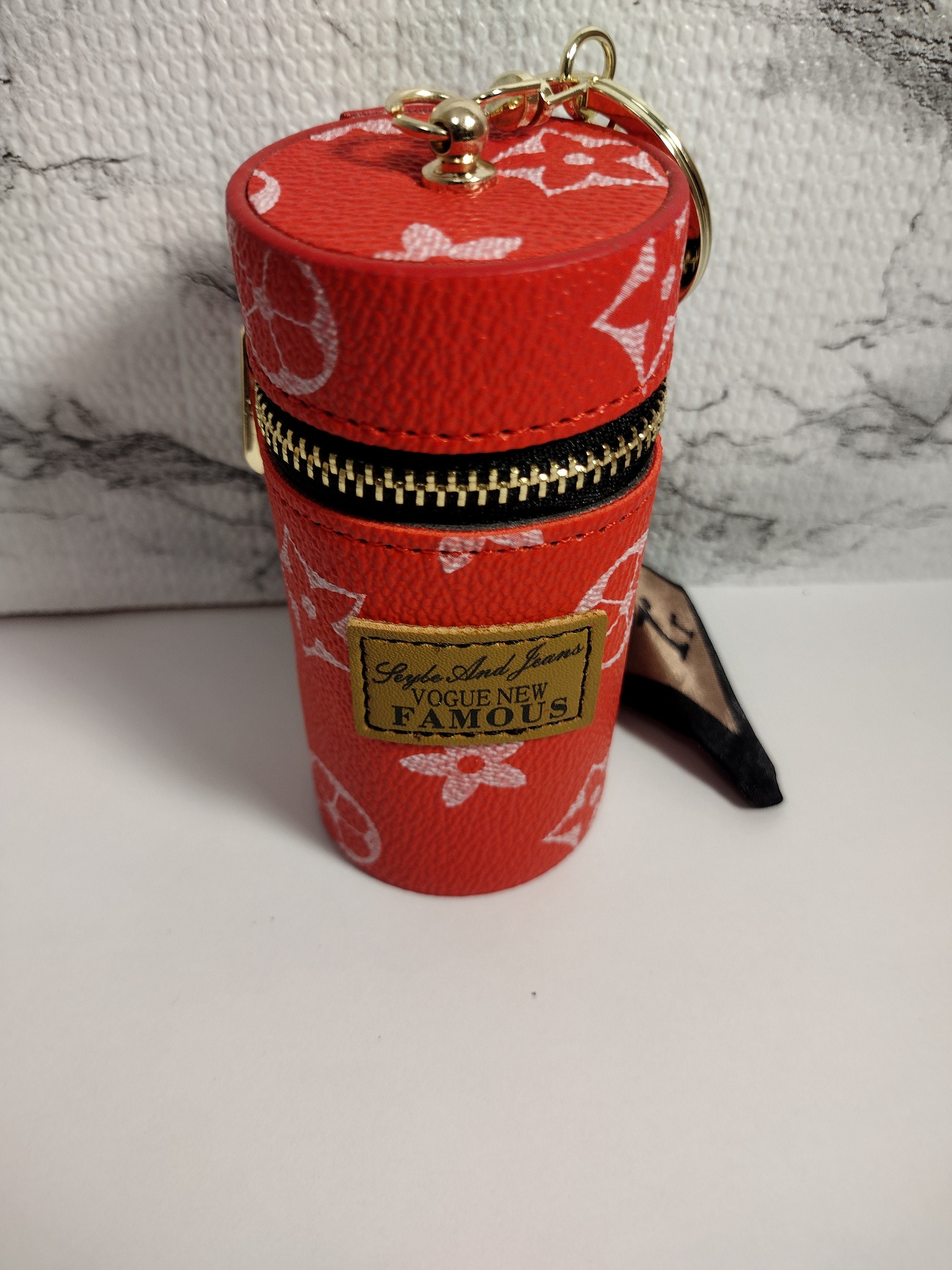 New Red, Luxury Faux Leather Bucket Lipstick Holder Keychain and Lip ...