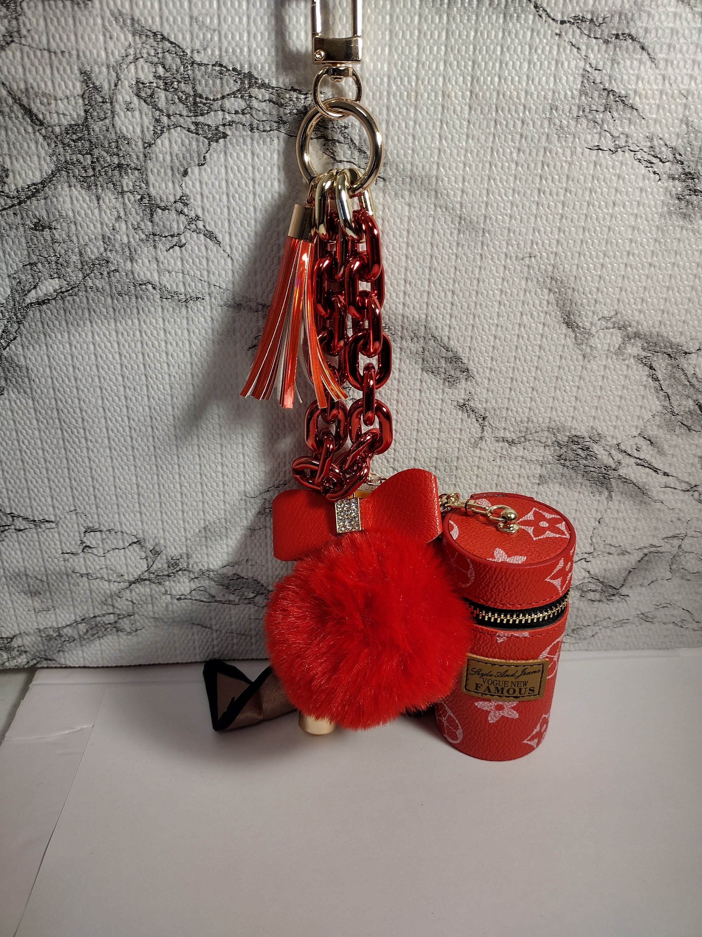New Red, Luxury Faux Leather Bucket Lipstick Holder Keychain and Lip ...