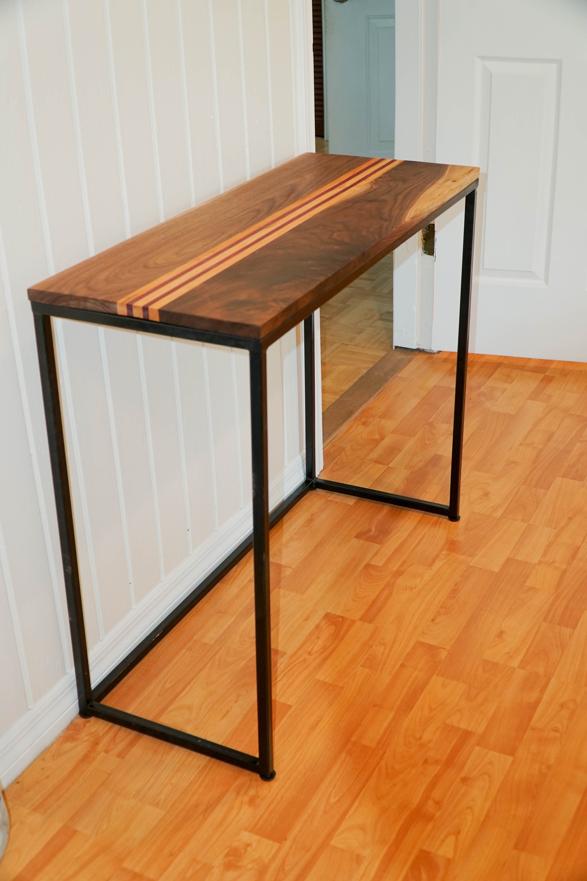 Modern Walnut and Purple Heart Console and Sofa Table With Metal Legs ...