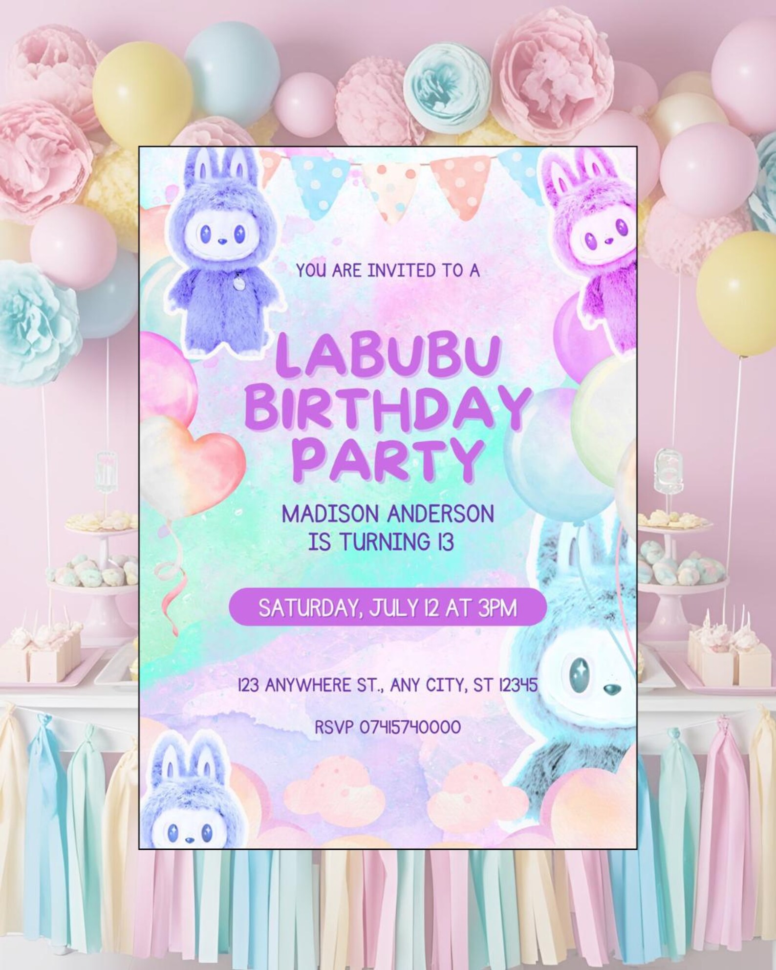 Labubu Style Editable Party Invitation Template – Cute Cartoon Kids ...