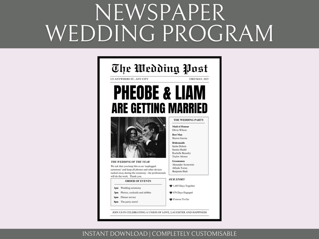 Newspaper Style Wedding Program Template Unique Customisable Wedding ...