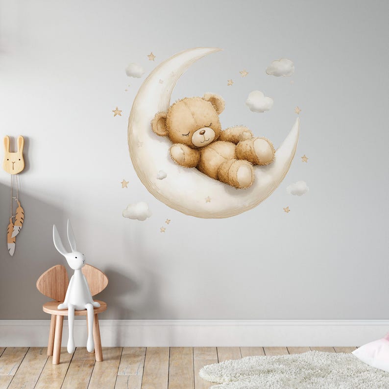 Cute Teddy Bear Wall Decal – Boho Nursery Decor, Boho Baby Room Wall ...
