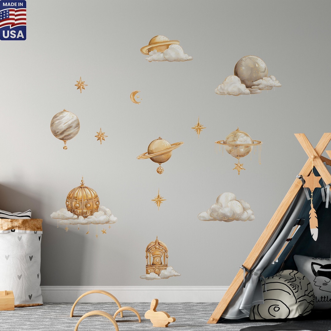 Golden Celestial Nursery Wall Decals - Boho Space Decor - Removable ...