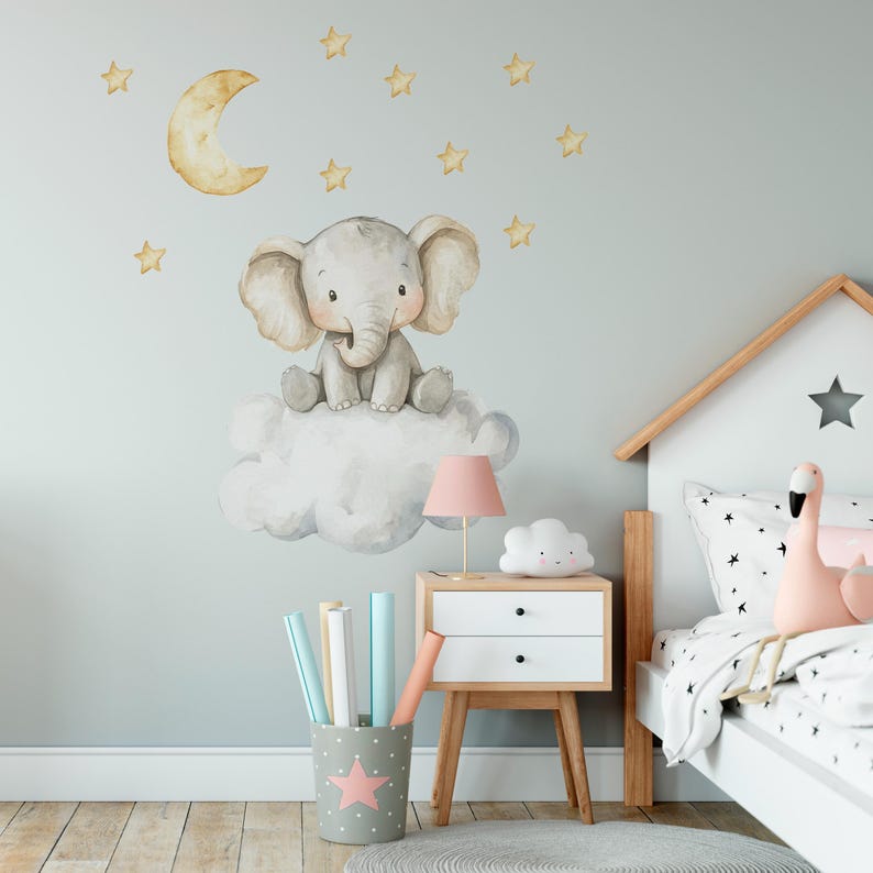 Elephant Wall Decal, Cloud and Stars Wall Decor for Nursery, Custom ...