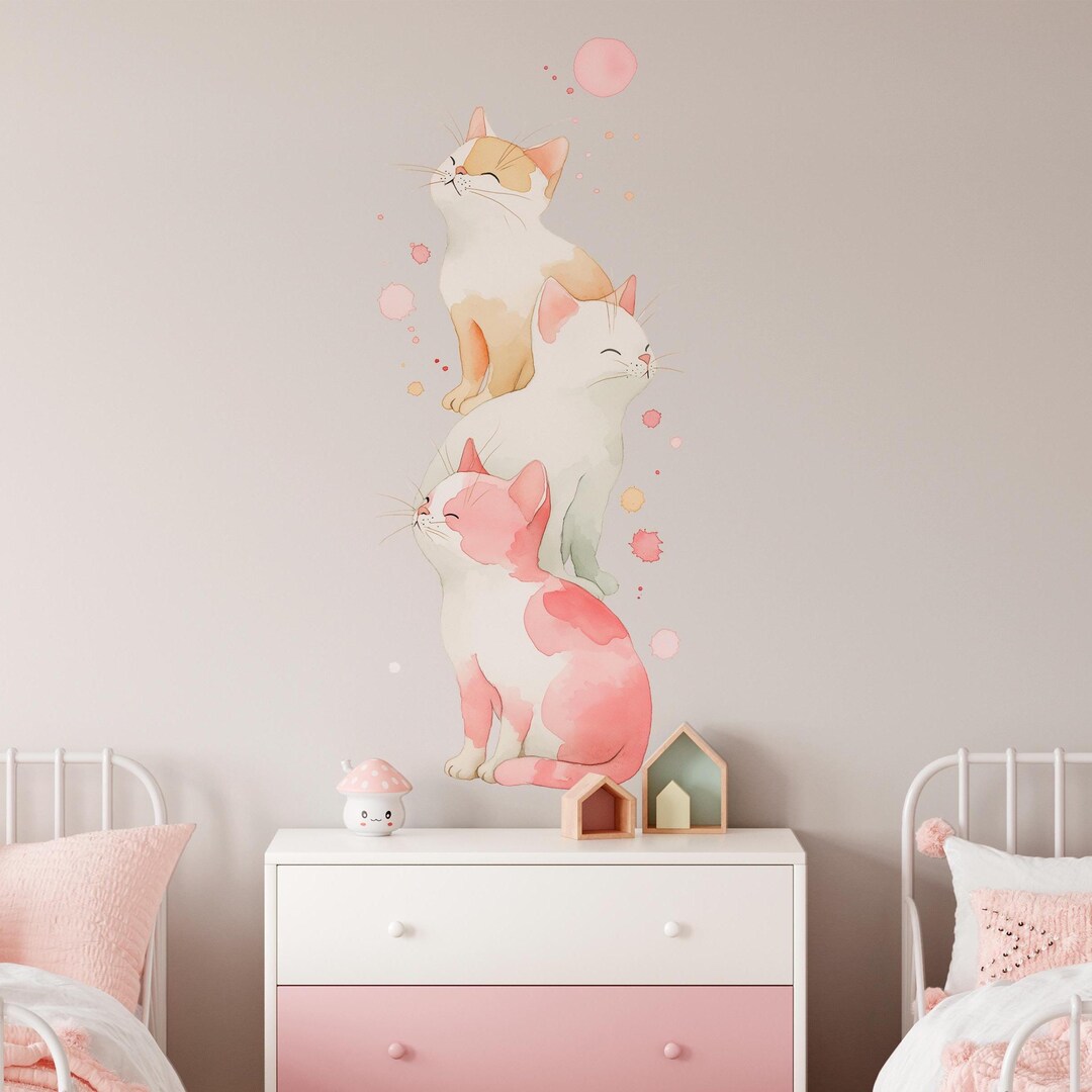 Watercolor Cat Trio Wall Decals – Cute Pink and Orange Kitten Stickers ...