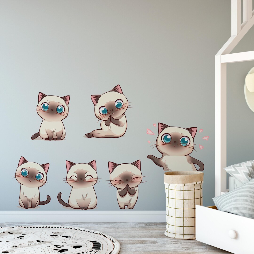 Watercolor Cat Wall Decals – Cute Kitten and Hearts Stickers for ...