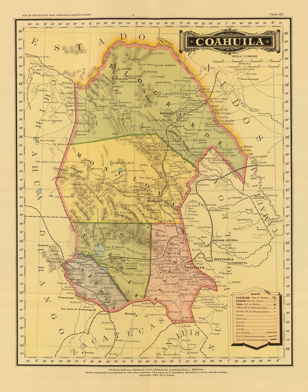 Map of Coahuila, MX 1885 High Resolution Digital Download - Etsy