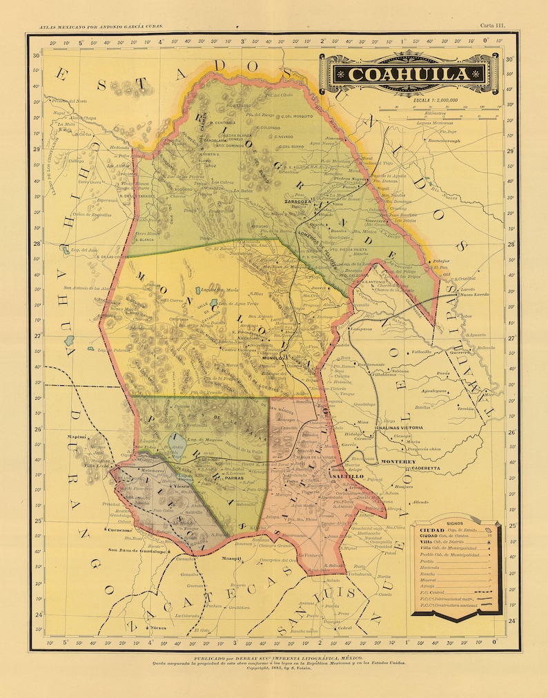 Map of Coahuila, MX 1885 High Resolution Digital Download - Etsy