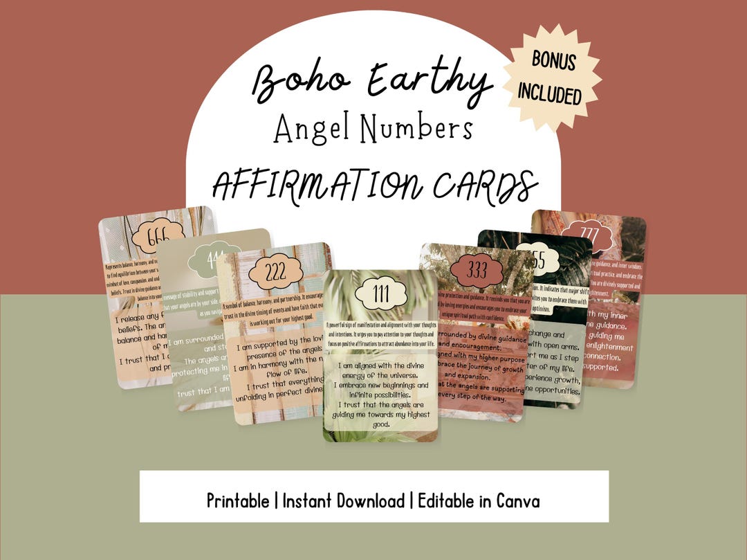 Boho Earthy Angel Number Affirmation Cards | Printable Spiritual ...