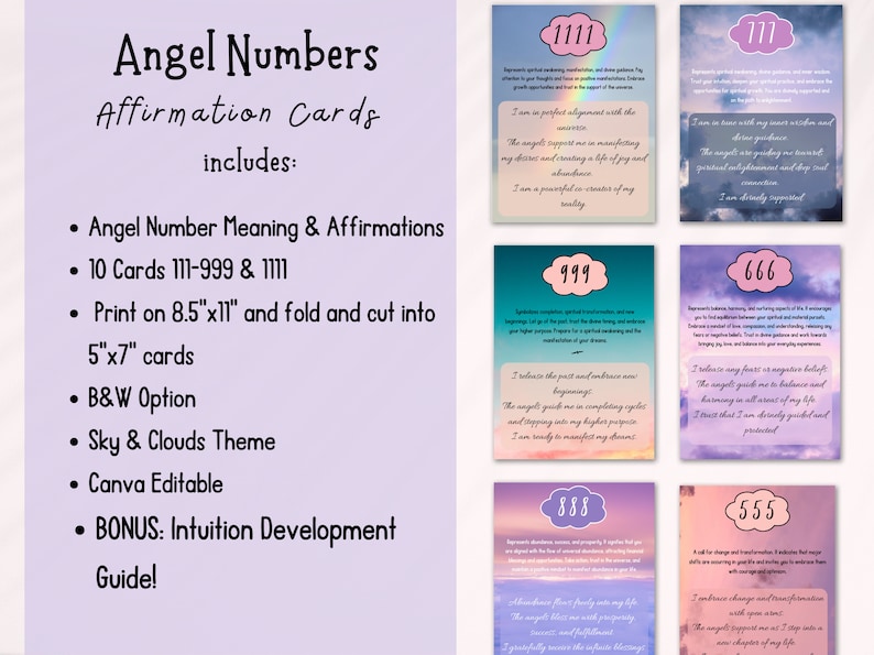 Angel Numbers Affirmation Cards | Printable Card Deck | Angel Tarot ...