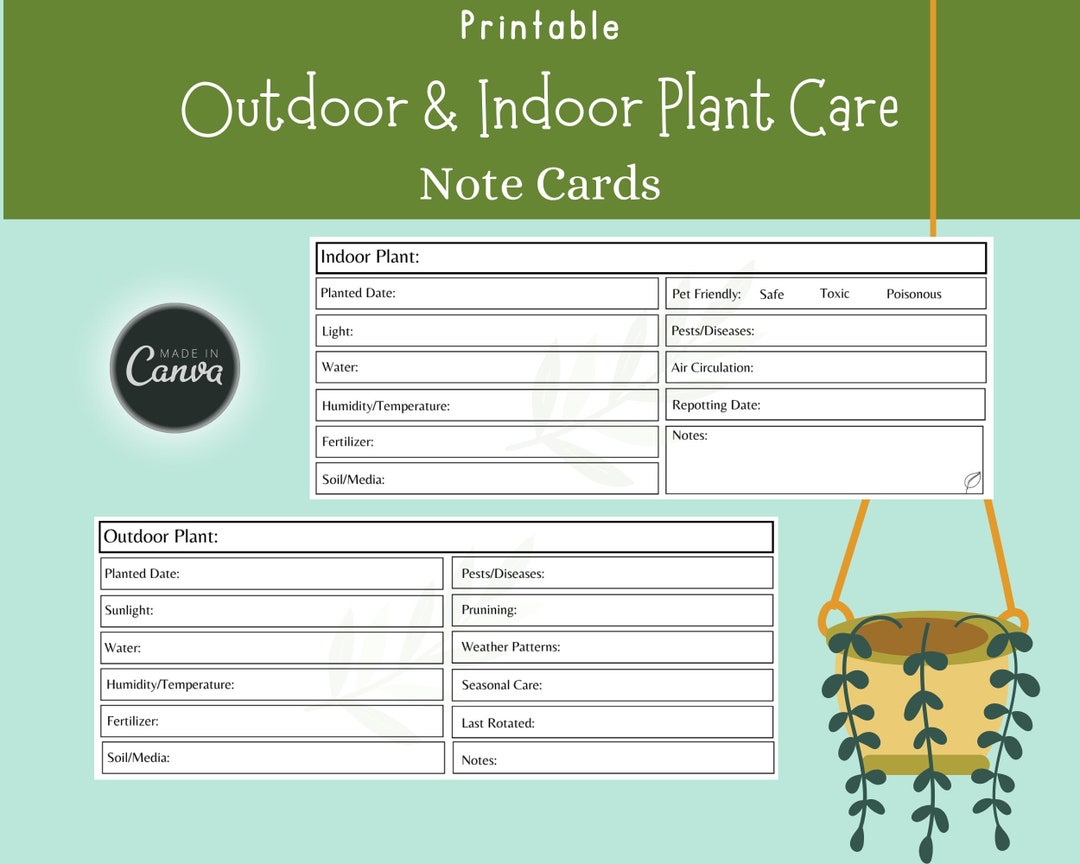 Outdoor & Indoor Plant Care Note Cards | Printable Canva Template - Etsy