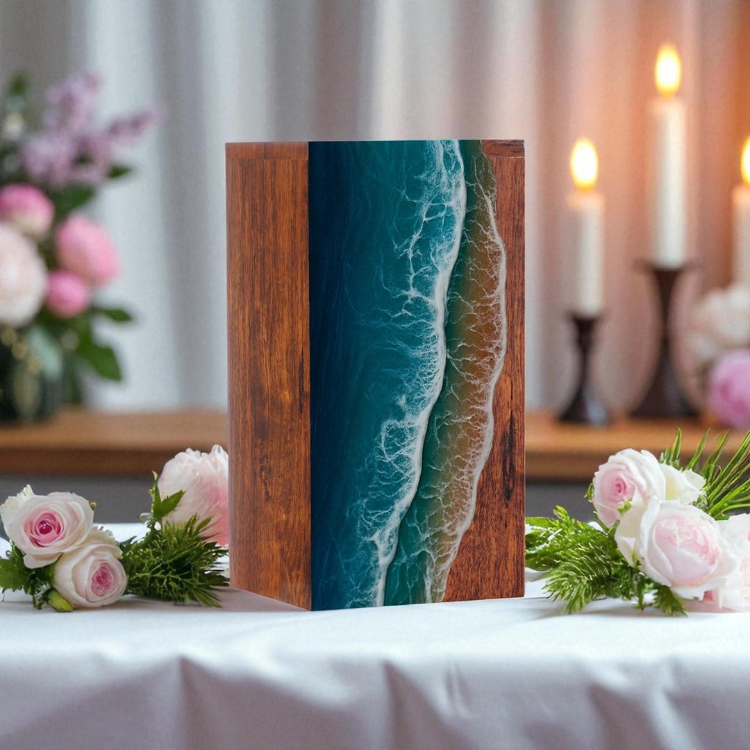 Ocean Wave Resin Wood Urn Box – Handcrafted Rosewood Cremation Urn ...