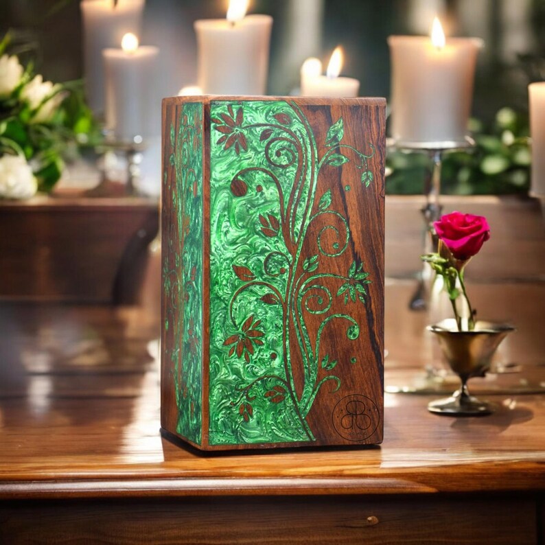 Handcrafted Rosewood Cremation Urn With Green Floral Resin Inlay - Etsy