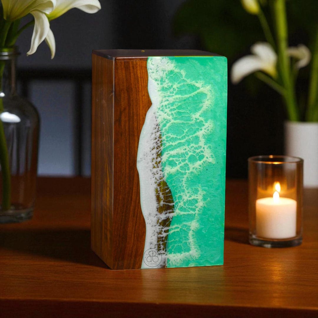 Handcrafted Rosewood Cremation Urn With Resin Ocean - Memorial Keepsake ...