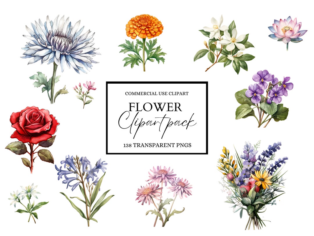 130 Flower Clipart, Watercolor Flower Clipart Pack, Flower Clipart ...
