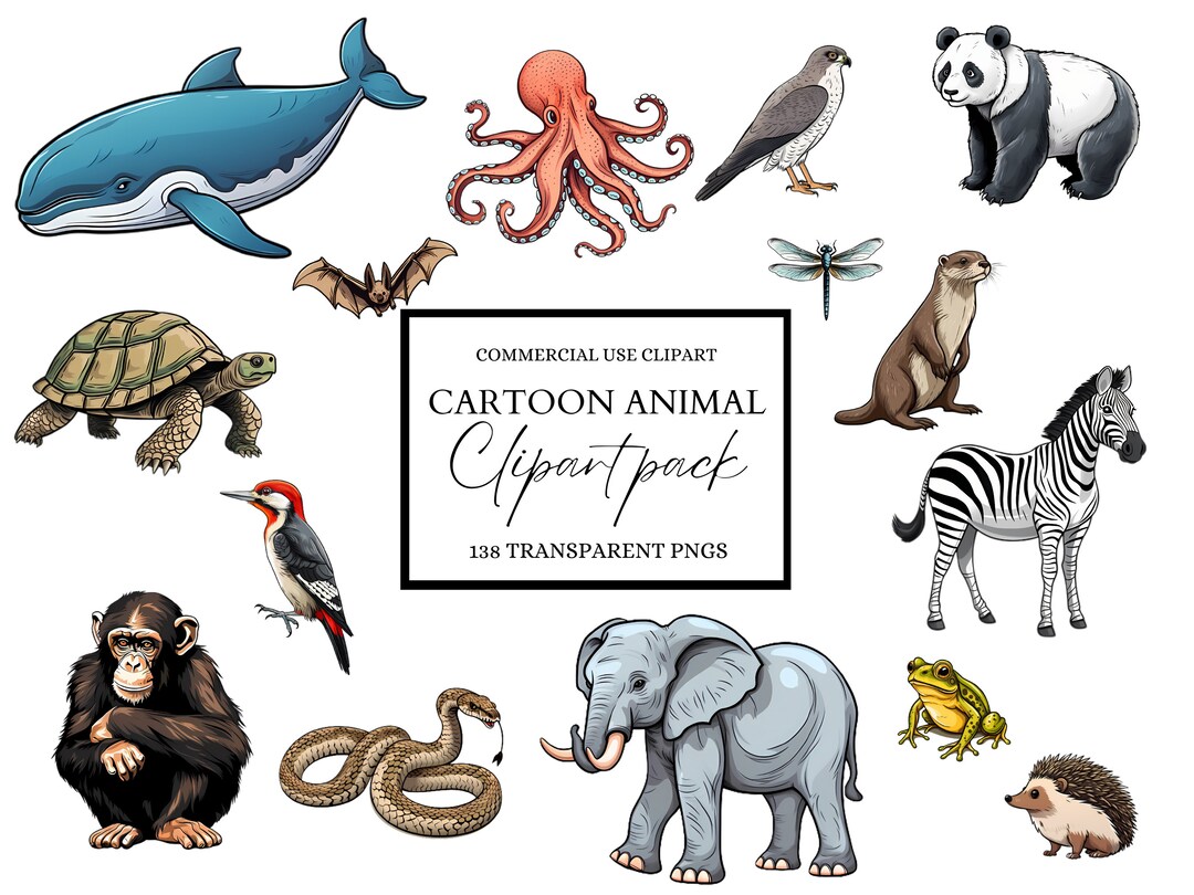 100 Cartoon Animal Clipart, Doodle Animal Clipart Pack, Animal Clipart ...