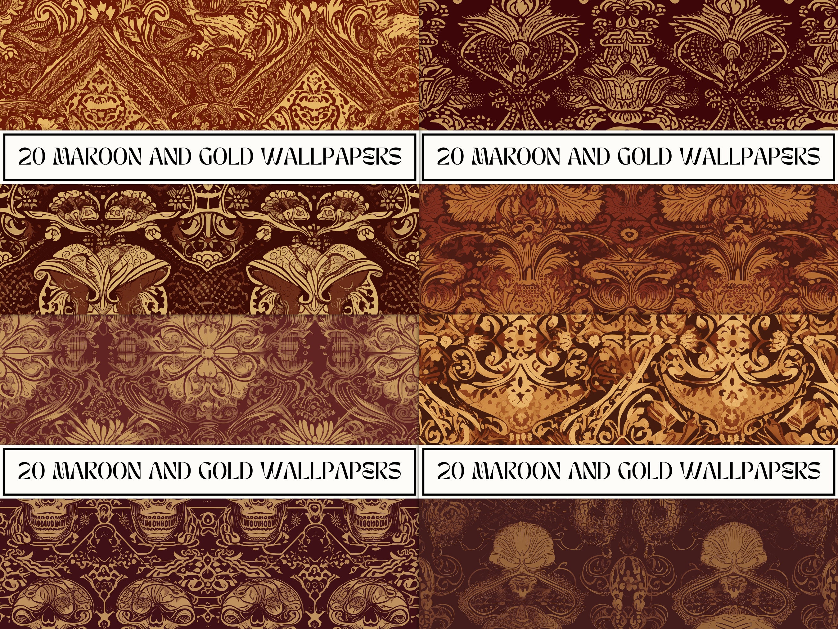 Vintage Digital Paper Set, Seamless Pattern, Red and Gold Patterns ...
