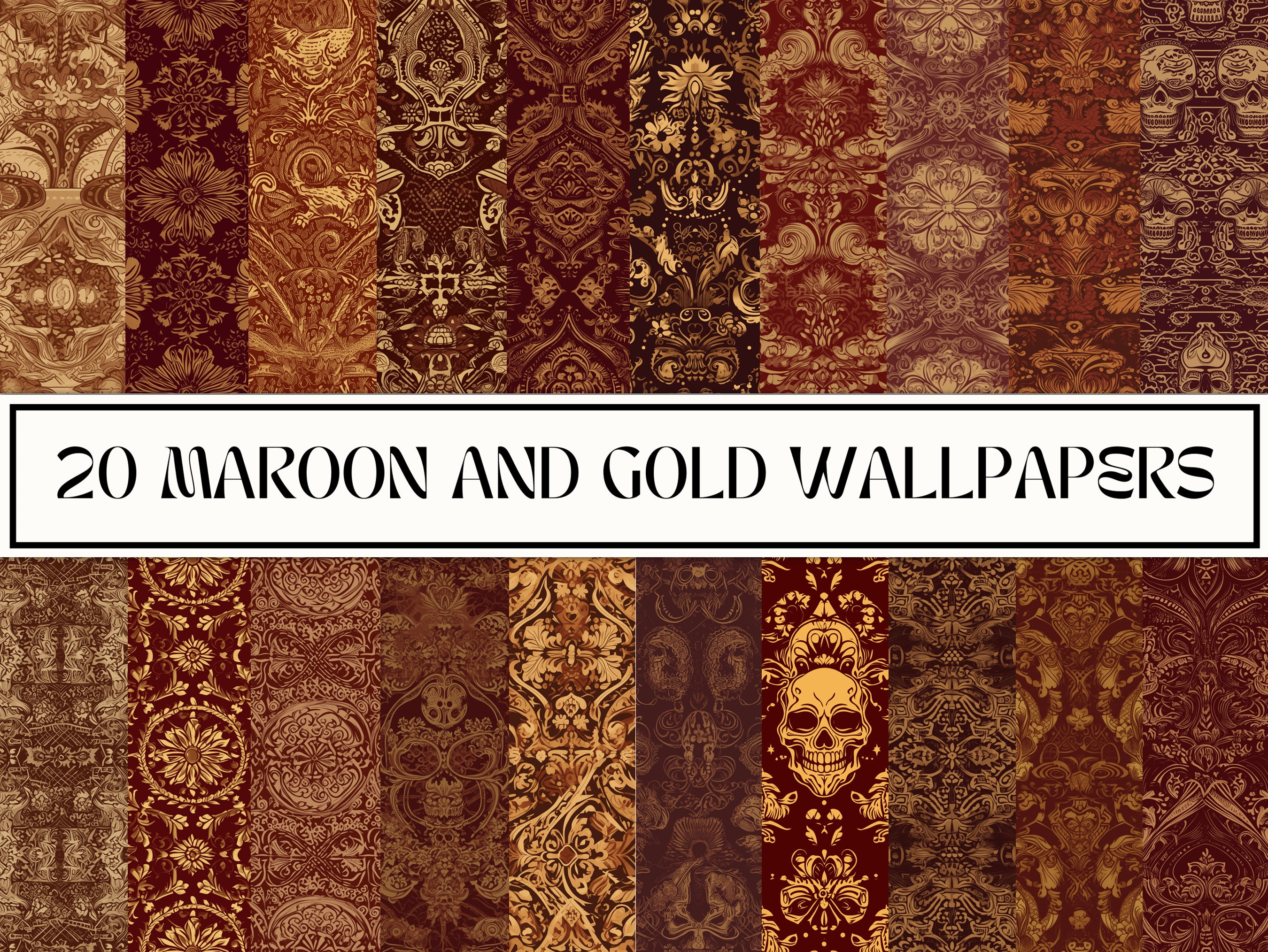 Vintage Digital Paper Set, Seamless Pattern, Red and Gold Patterns ...