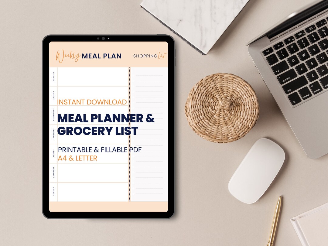Tangerine Weekly Meal Planner With Grocery List Printable Template, 7 ...