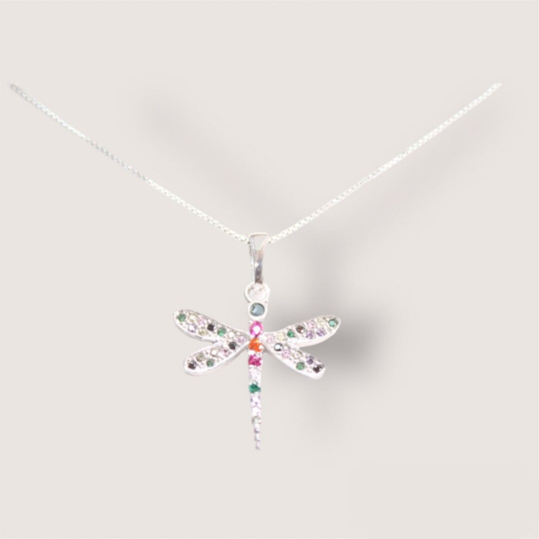 Dragon-fly Pendant Colorful Necklaces. Silvered Gifted Pendant ...