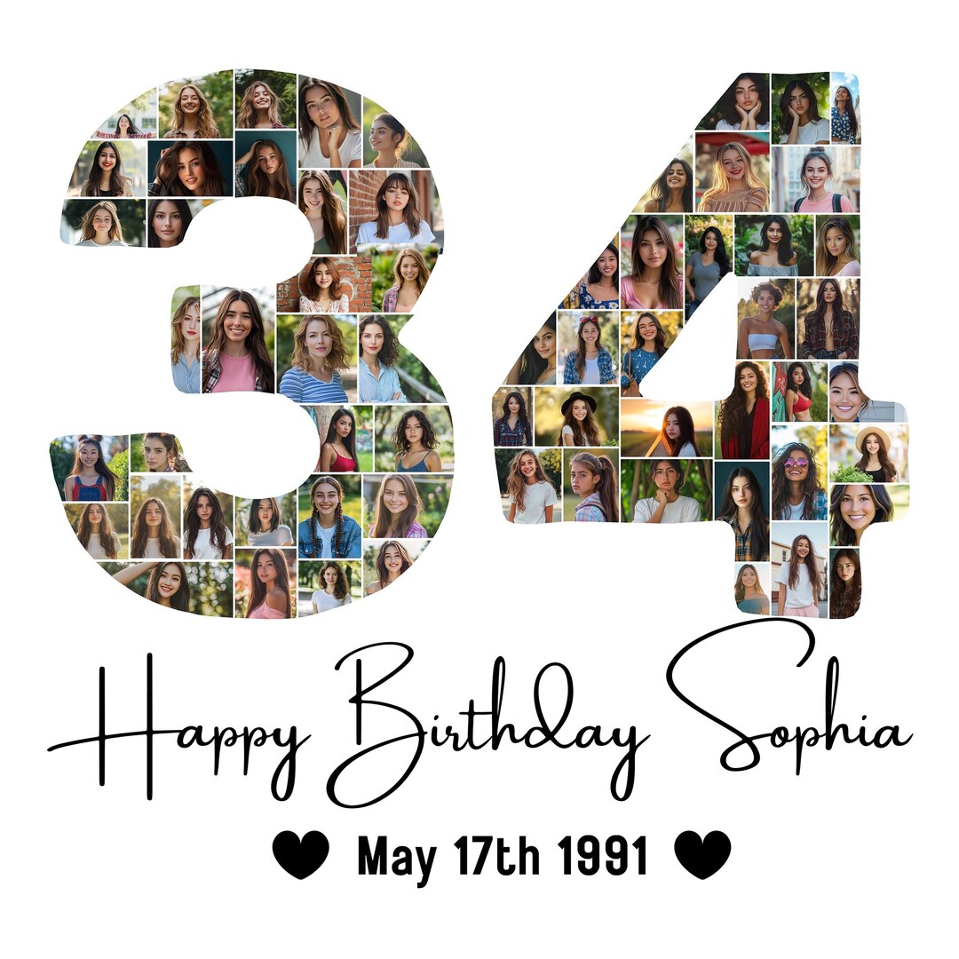 34th Birthday Photo Collage Template, Personalized 34th Birthday Gift ...
