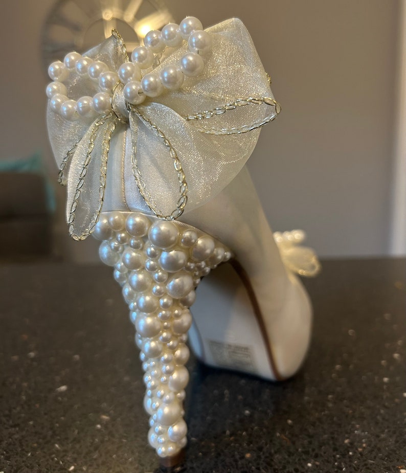 Ivory Pearled Bow Wedding Shoe With Pearled Heel - Etsy