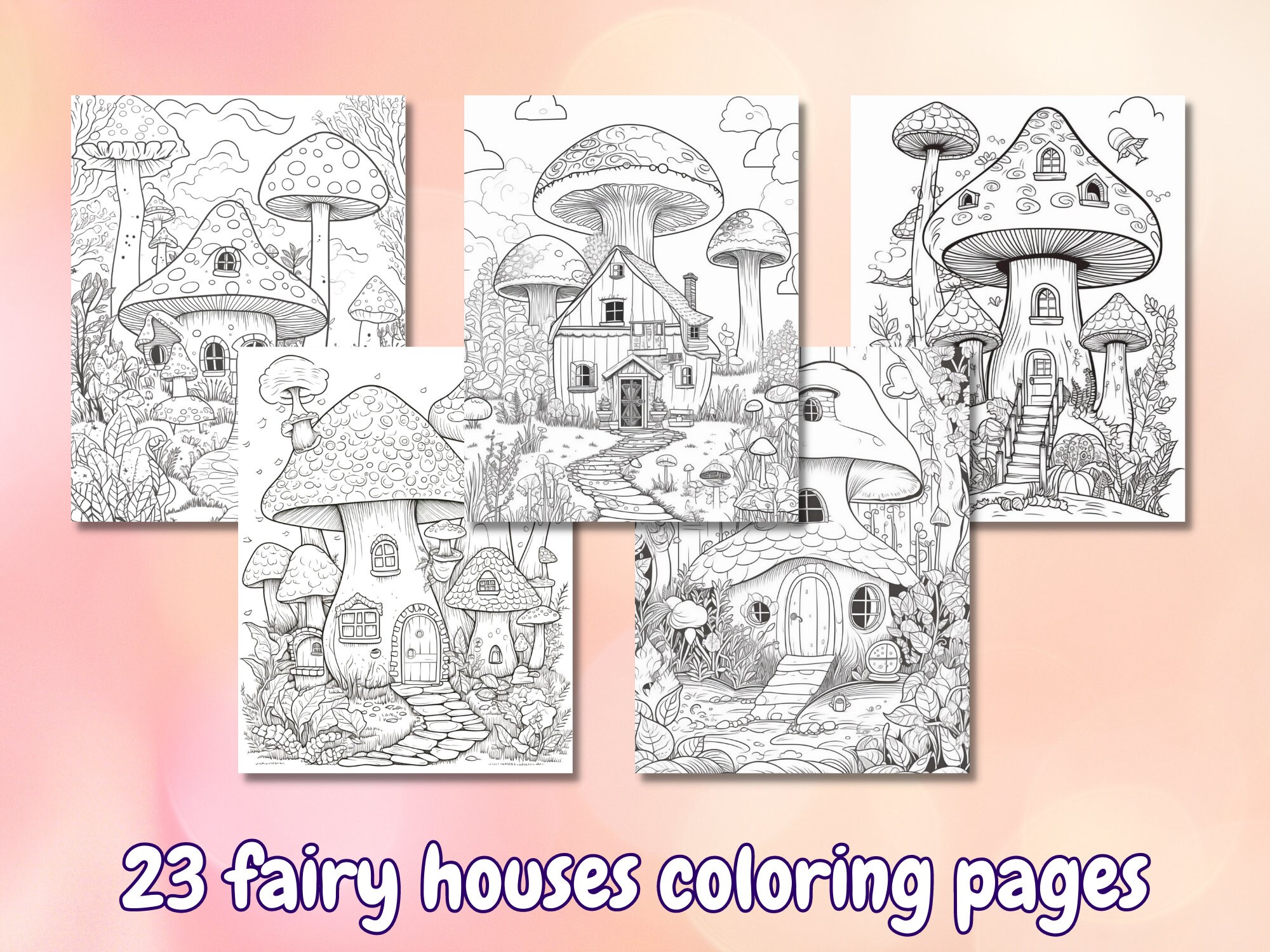 Whimsical Fairy Houses Coloring Pages, for Kids and Adults, Printable ...