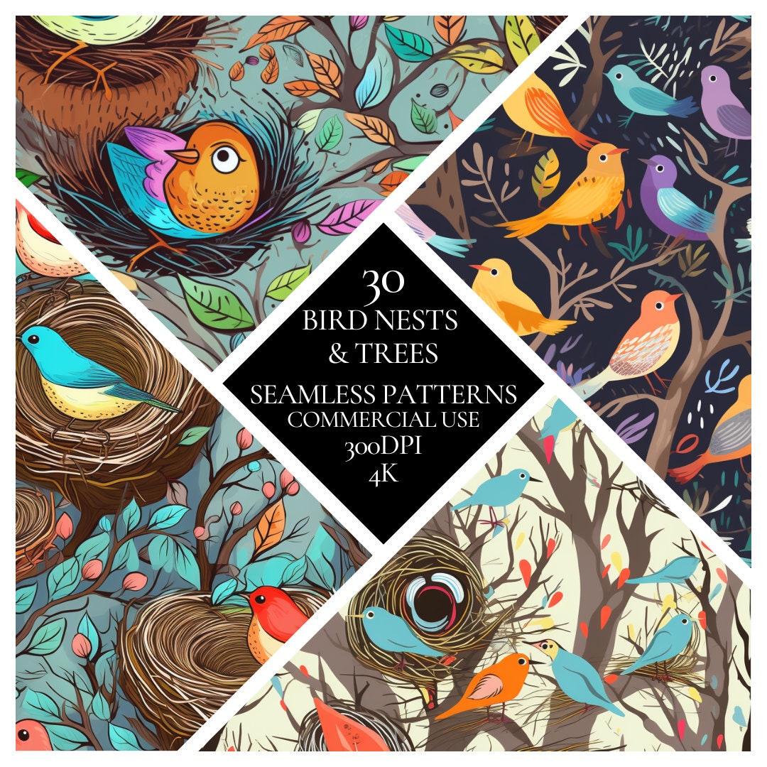 30 bird Nests & Trees Seamless Patterns Bundle for - Etsy