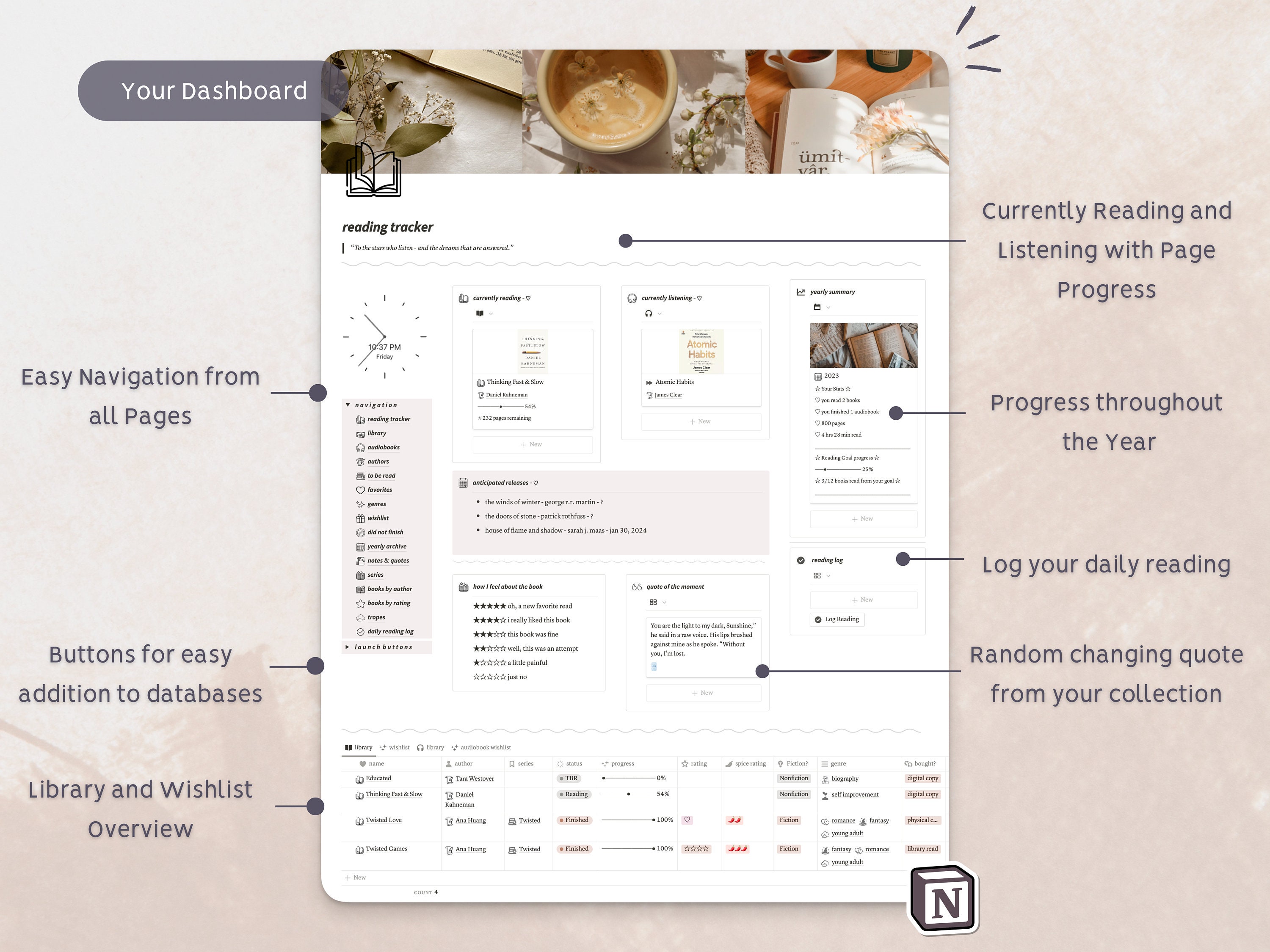 Notion Book Tracker Light Academia Digital Reading Journal Template ...