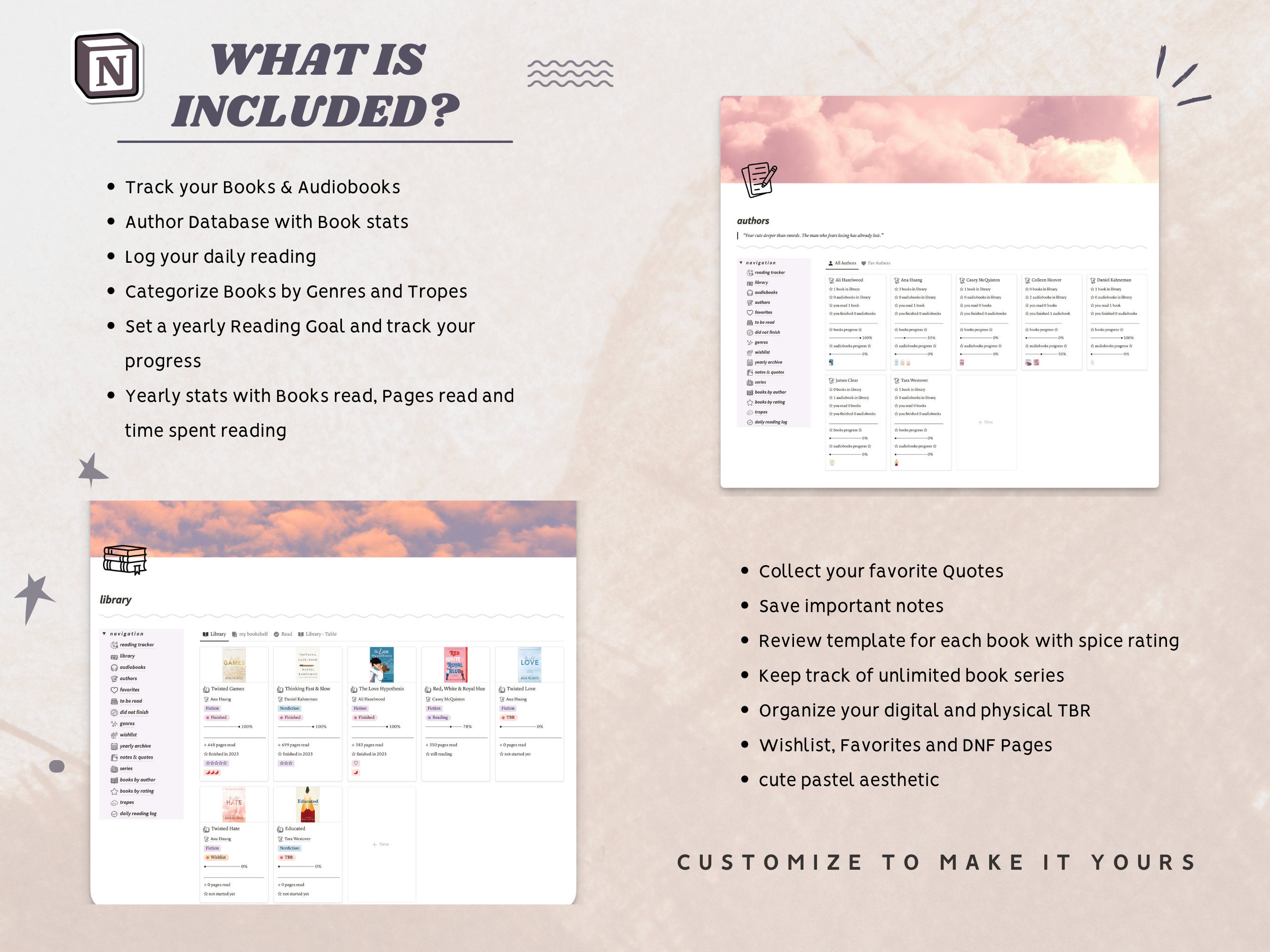 Notion Book Tracker Pastel Clouds Digital Reading Journal Template ...