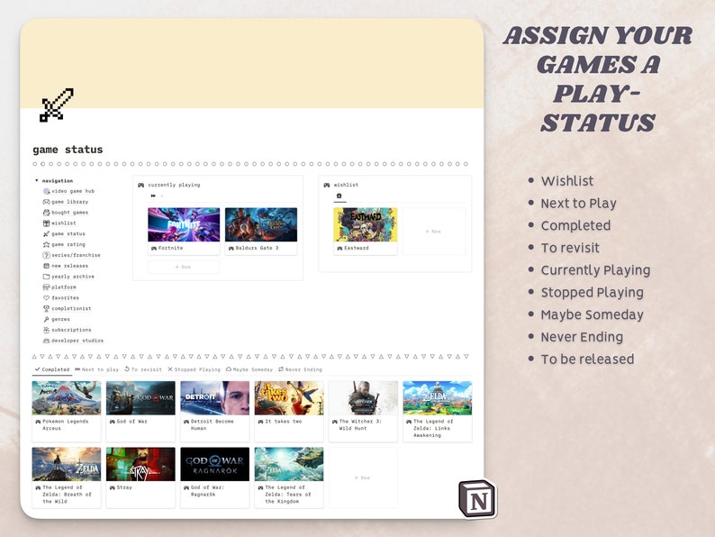 Video Game Tracker Notion Template Complete Gaming Dashboard Aesthetic Digital Game Log Games ...