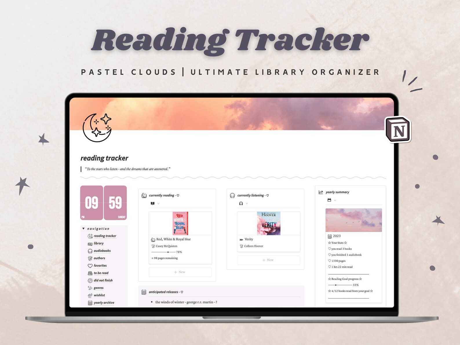 Notion Book Tracker Pastel Clouds Digital Reading Journal Template ...
