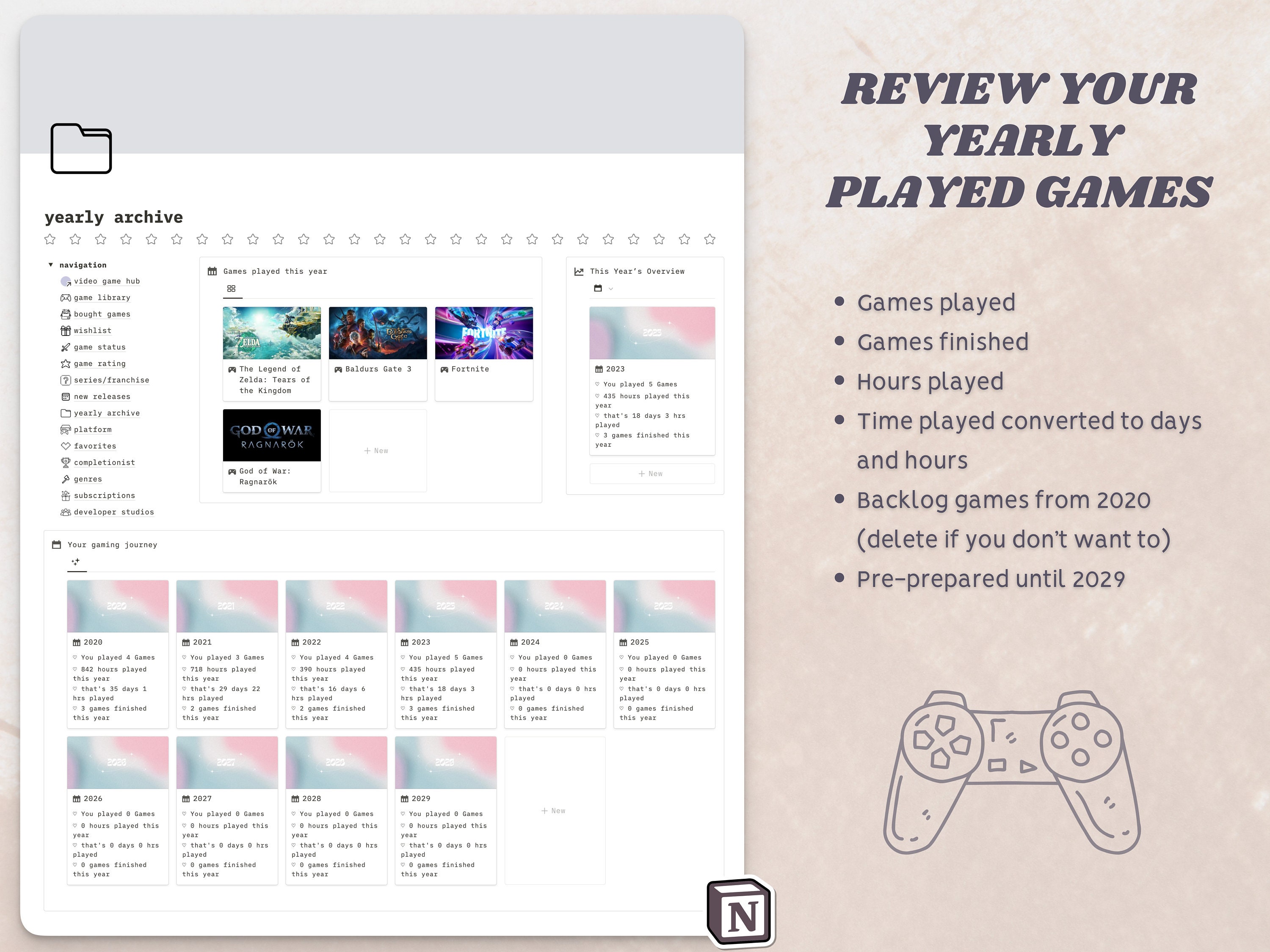 Video Game Tracker Notion Template Complete Gaming Dashboard Aesthetic Digital Game Log Games ...
