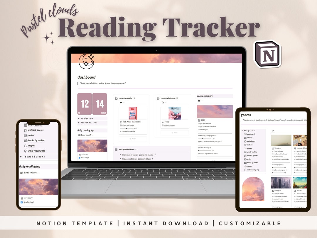Notion Book Tracker Pastel Clouds Digital Reading Journal - Etsy