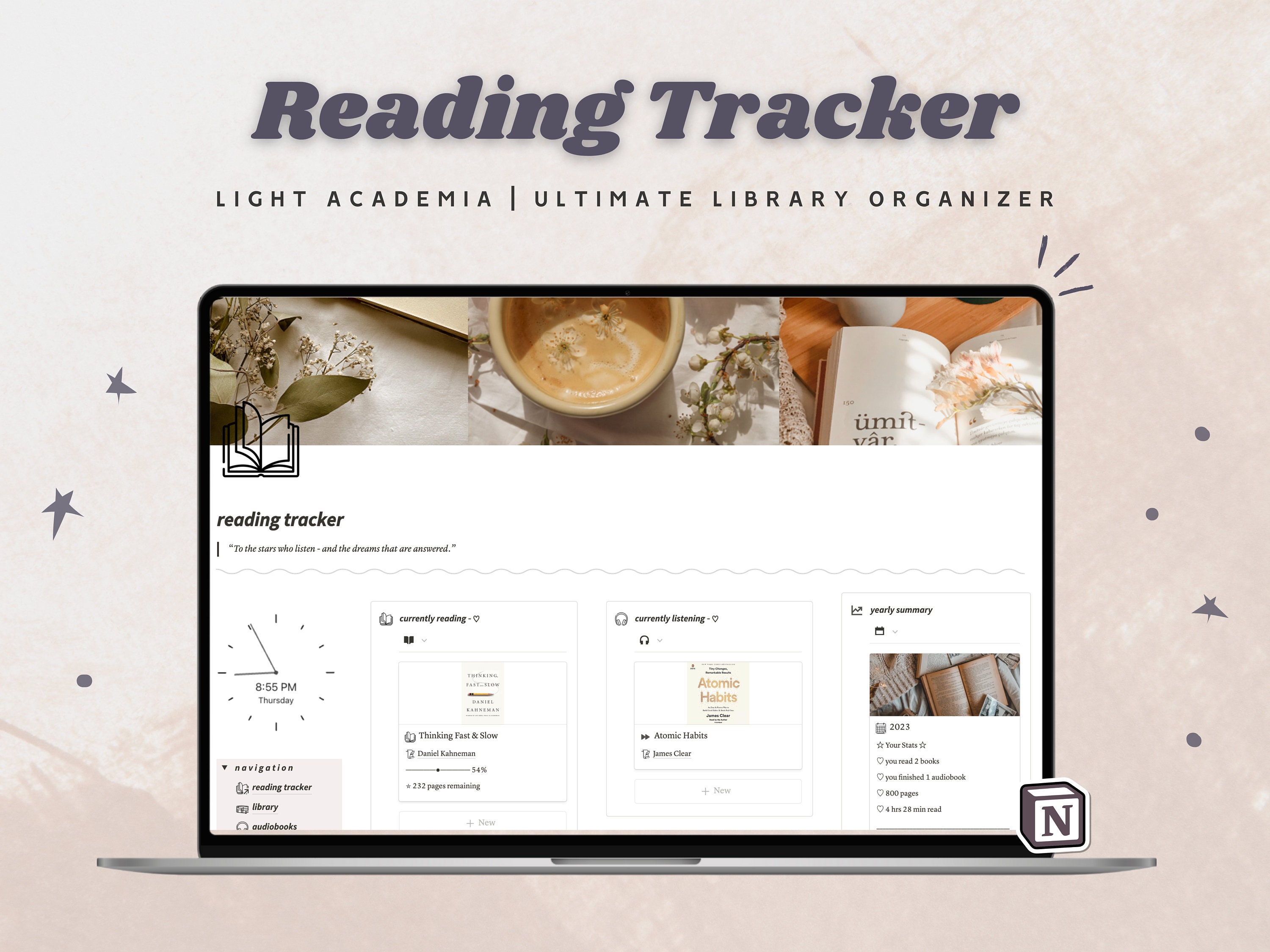 Notion Book Tracker Light Academia Digital Reading Journal Template ...