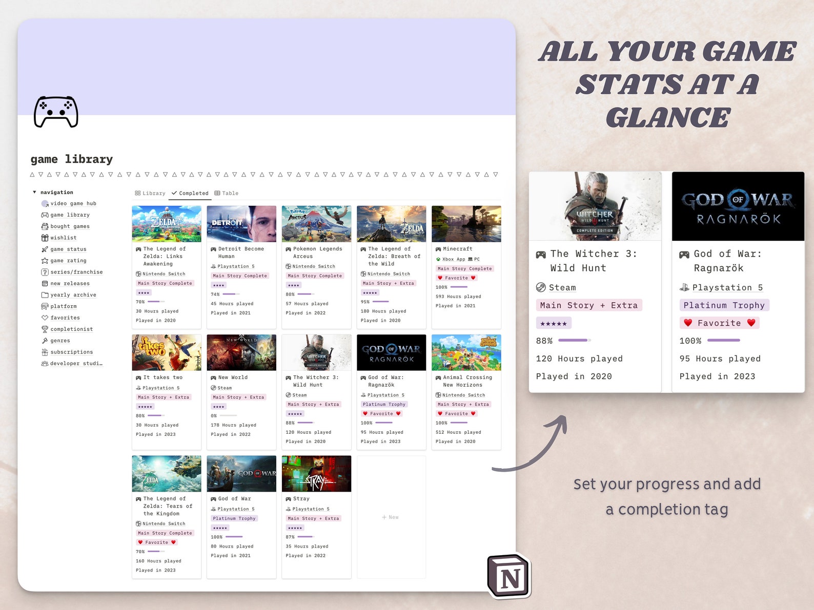 Video Game Tracker Notion Template Complete Gaming Dashboard Aesthetic Digital Game Log Games ...