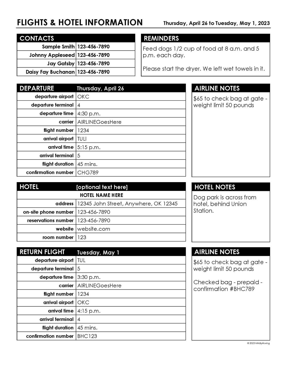 TRAVEL INFORMATION Page – Editable PDF - Contact Info. (4 People ...