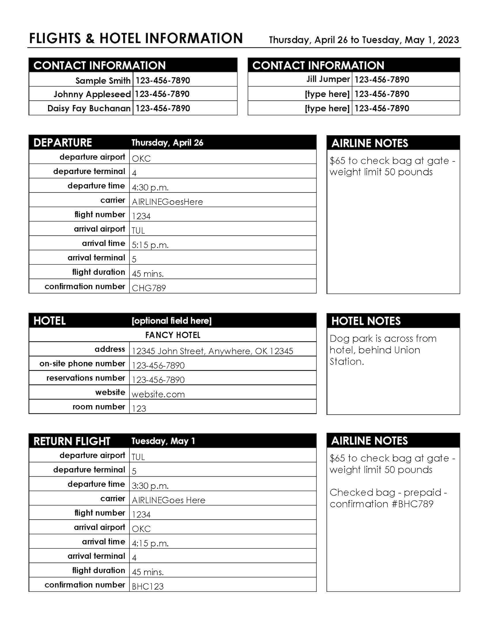 TRAVEL Information PAGE – Editable PDF - Contact Info. Six People ...