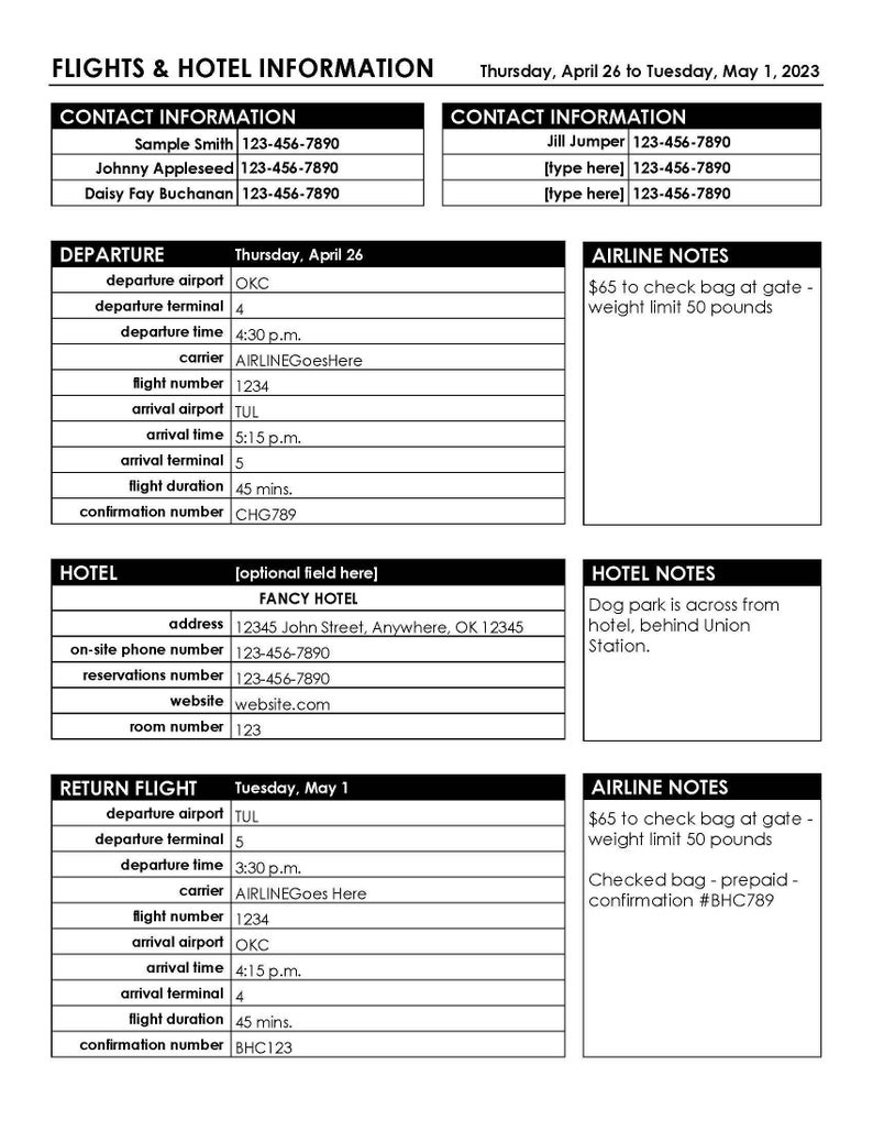 TRAVEL Information PAGE – Editable PDF - Contact Info. Six People ...