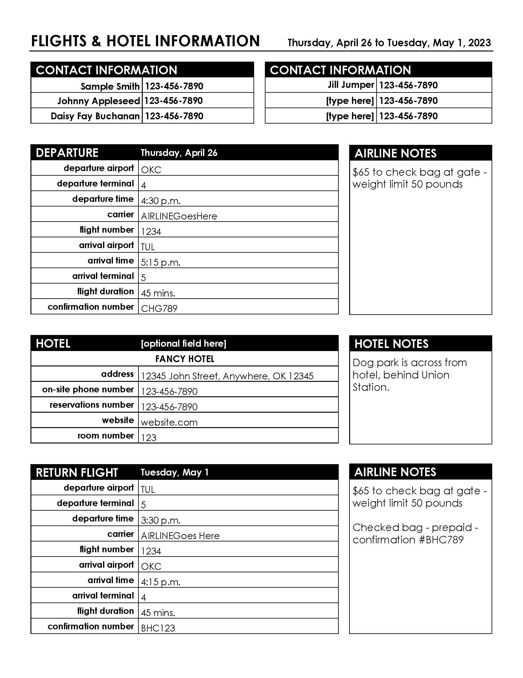 TRAVEL Information PAGE – Editable PDF - Contact Info. Six People ...