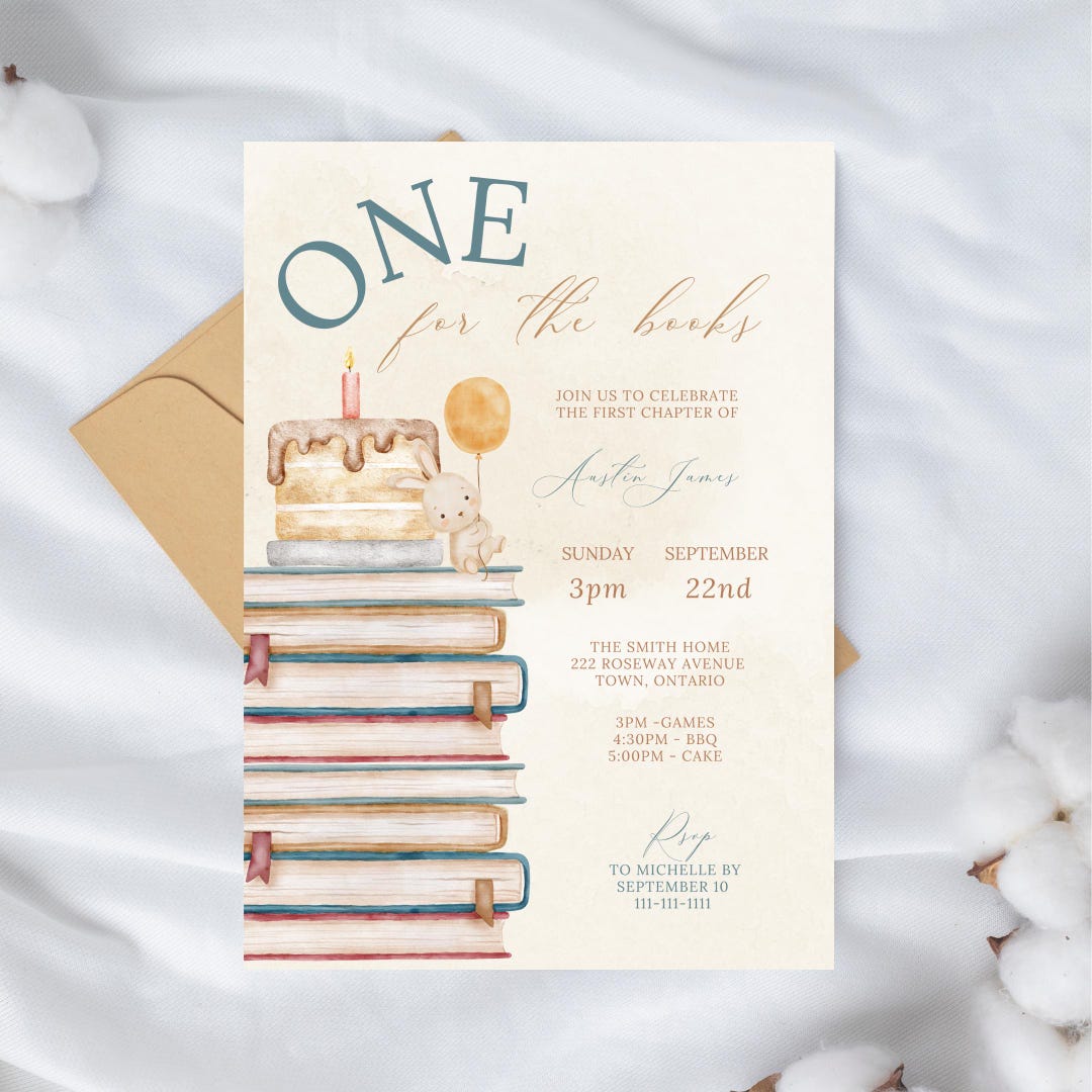 One for the Books 1st Birthday Invitation Bundle: Book Theme Party ...