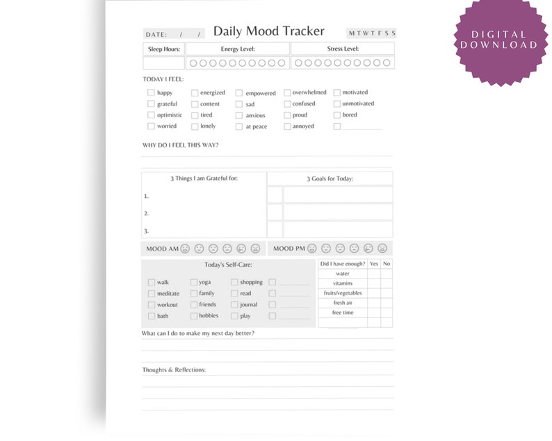 Mood Tracker Printable Kit, Mental Health Tracker, Monthly Mood Log ...