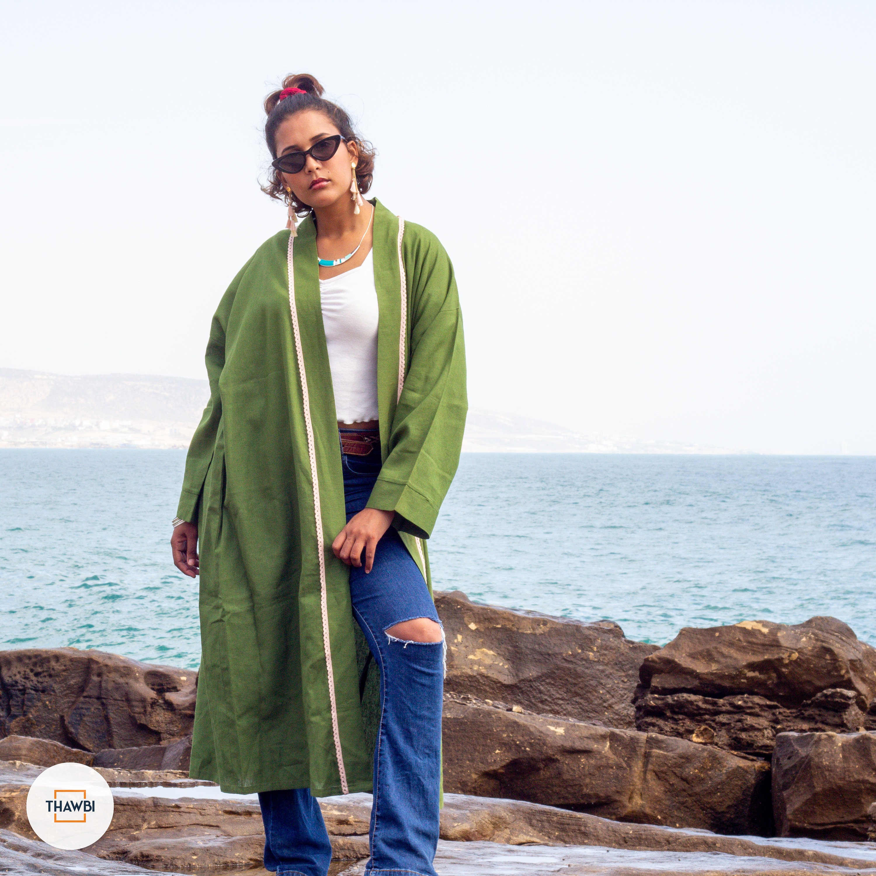 Green Kimono Dress for Women With a Pink Minimalist Crochet Pattern ...