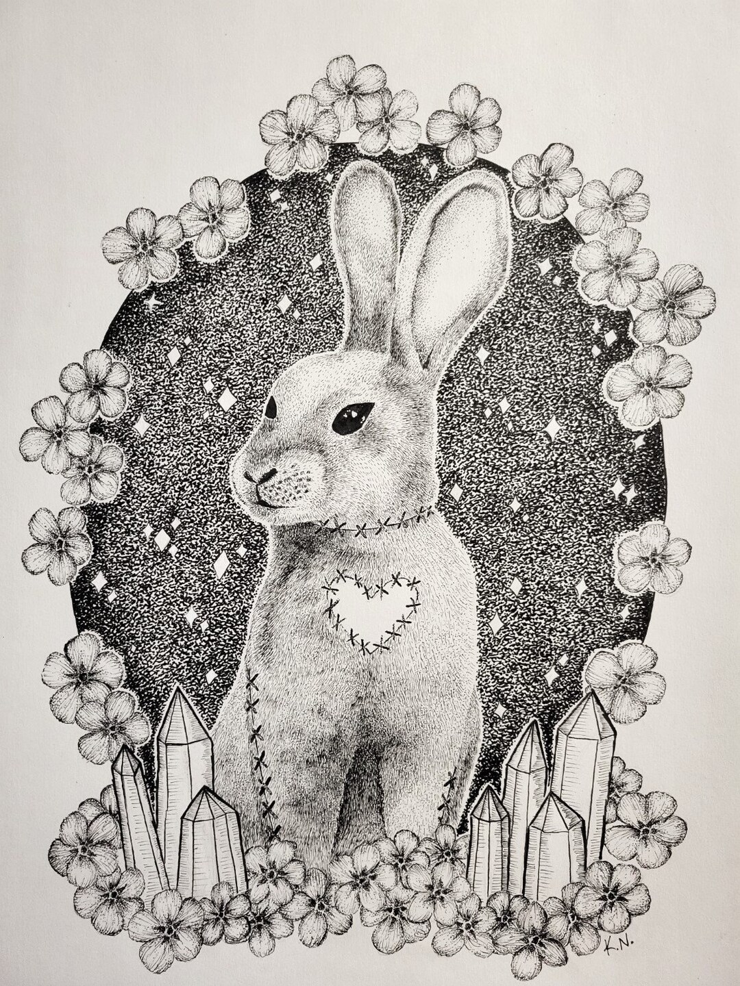 Cosmic Rabbit Original Pointillism Art- Celestial Crystal Illustration ...
