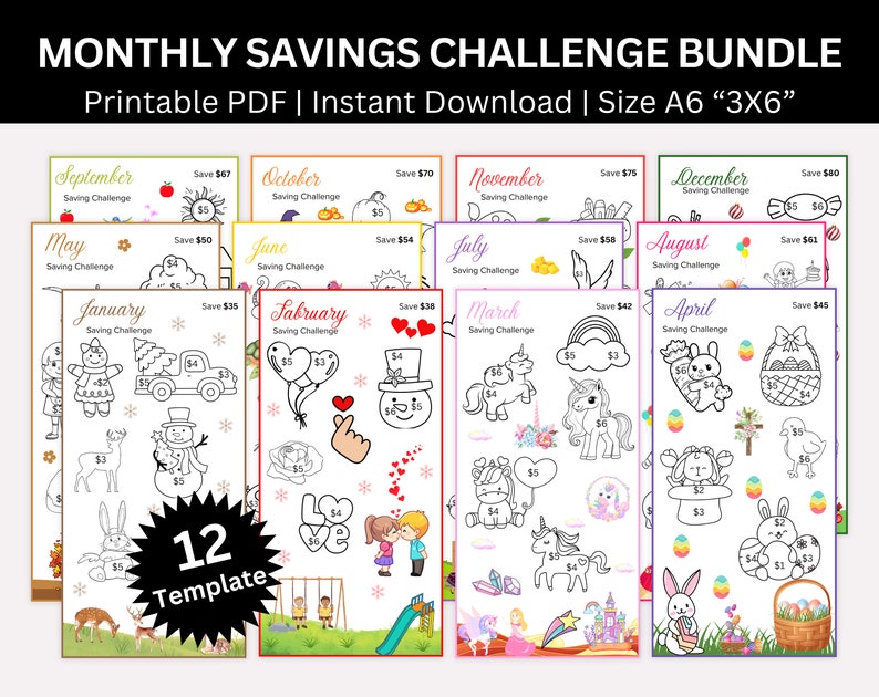 Monthly Savings Challenge, 12 Month Savings Challenge, A6 Saving ...